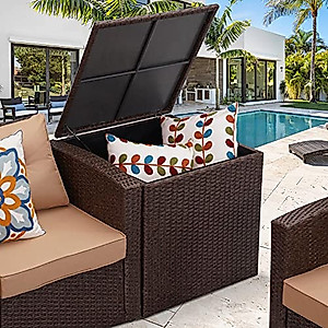 SUNVIVI OUTDOOR 73 Gallon Wicker Deck Box with Waterproof Inner, Hydraulic Pistons, Aluminum Frame for Cushions, Brown