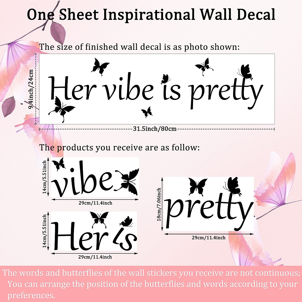 Her Vibe is Pretty Wall Decal Decor Vivid Butterflies Wall Sticker Inspirational Quotes Positive Wall Decal Sticker for Women, Teen Girls Office Dorm 31.5 x 9.4 Inch (Black, Simple Style)