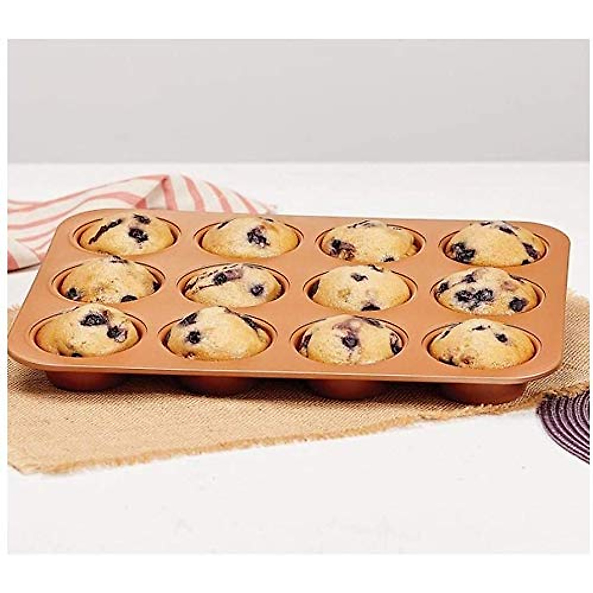 Copper Muffin Pan 12 Cups Non Stick Ceramic Coated Professional Healthy cupcake pans Even Baking, Dishwasher and Oven Safe