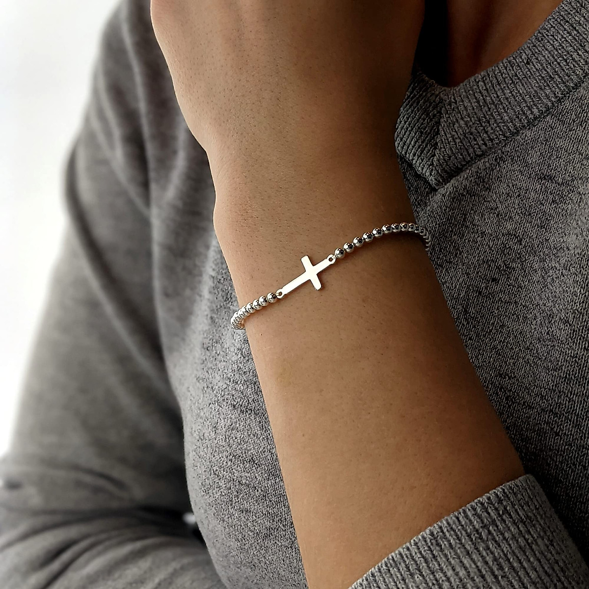 Silverly Cross Stretch 925 Sterling Silver Bracelet for Women - Ball Beaded Best Friend Bracelet - Bead Elastic String Bracelets - Christian Gifts for Women - Bracelet for Teen Boys and Teen Girls