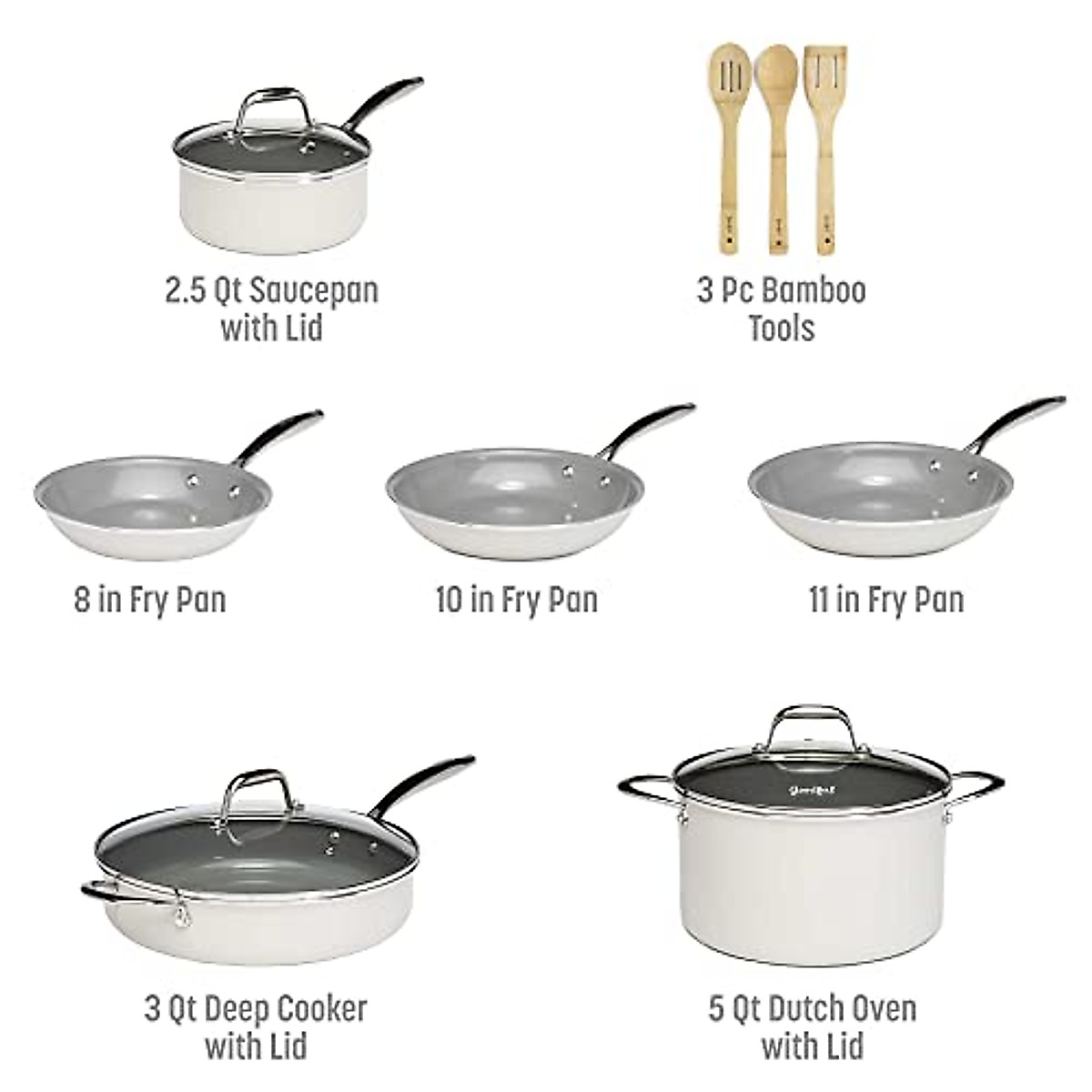 Goodful Ceramic Nonstick Cooking Set, Titanium-Reinforced Premium Non-Stick Coating, Dishwasher Safe Pots and Pans, Tempered Glass Steam Vented Lids, Stainless Steel Handles, 12-Piece, Cream