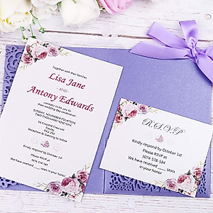 ponatia 20 PCS 3 Folds 5x7'' Wedding Invitations Cards with Envelopes Ribbons for Wedding Bridal Shower Engagement Birthday Graduation Invite (Lavender)