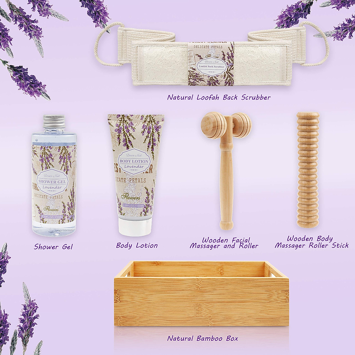 Luxury Spa Gift Baskets for Women in Lavender Essential, Christmas Birthday Gifts for Mom, 18pcs Bath Body Home Spa for Pampering Self Care with Bubble Bath Lotion Massager Roller Loofah scrubber