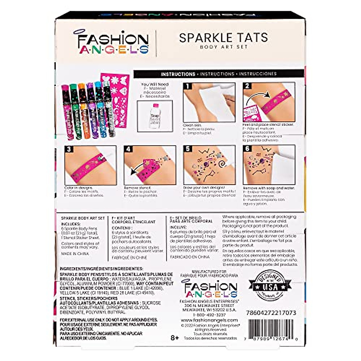 Fashion Angels Sparkle Tats Body Art Set - Temporary Tattoo Pens, Washable & Shimmery Tattoo Body Ink, 6 Tattoo Body Markers Set with Stencil Stickers for Kids 8+, Multi (12674)