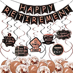 Retirement Party Decorations for Women Black Rose Gold Happy Retirement Banner and Swirls with Rose Gold Confetti Balloons Kit for Female Retirement Decor