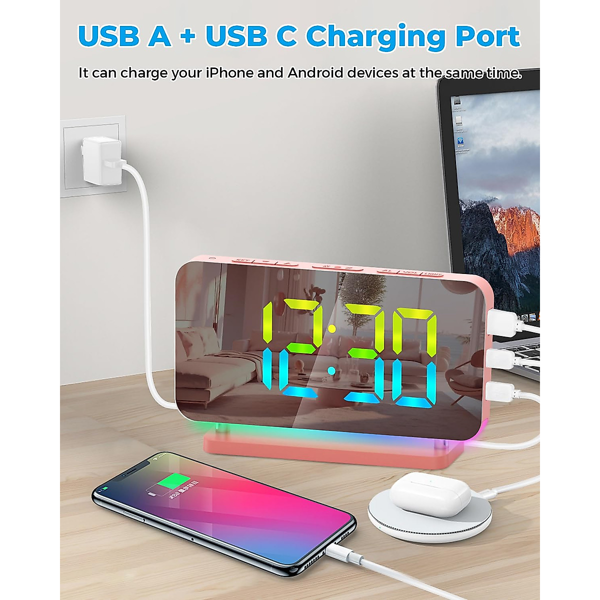 SZELAM Alarm Clock for Bedroom,7.4" Mirror Digital Clocks Large Display,with RGB Night Light, USB C Charger Port,Auto Dimming,LED Desk Clock for Kid Teen Girl Adults Room - Pink