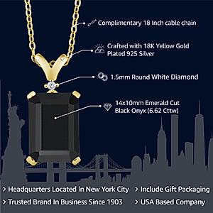 Gem Stone King 6.62 Cttw Black Onyx and White Diamond Jewelry Pendant Necklace For Women Set In 18K Yellow Gold Plated Silver | Gemstone Birthstone | 14X10MM Emerald Cut | With 18 Inch Chain