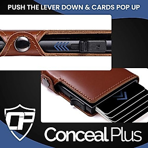 Conceal Plus Wallet for Men, Pop Up Wallet Credit Card Holder - RFID Blocking, Slim Minimalist Credit Card Case (Brown Genuine Leather)