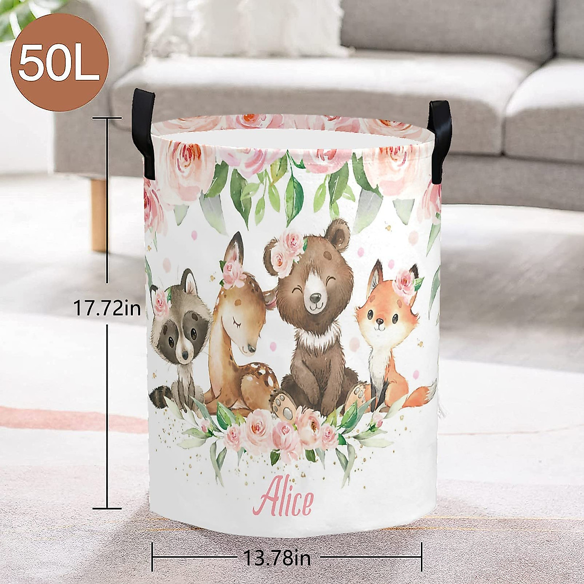 zaaprintblanket Laundry Basket Customized Name Organizer Storage Round Baskets Foldable Laundry Hamper with Handle for Nursery Bedroom Decor (Woodland Animals Pink Blush Floral)