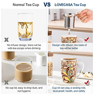 LOVECASA 16 OZ Tea Mug with Infuser and Lid, Tea Infuser Mug with Handle Ceramic Mug with Filter for Tea, Milk, Coffee, Loose Leaf Tea Infusers, Black