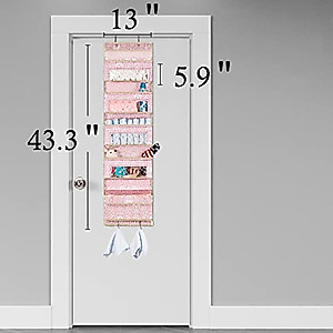 DAMAHOME Over Door Hanging Organizer - Closet Door Storage Organizer 5 Large Pockets, Door Organizer Hanging Clear Window Pocket, 4 Metal Hooks for Baby Nursery Bedroom Pantry Bathroom (Pink)