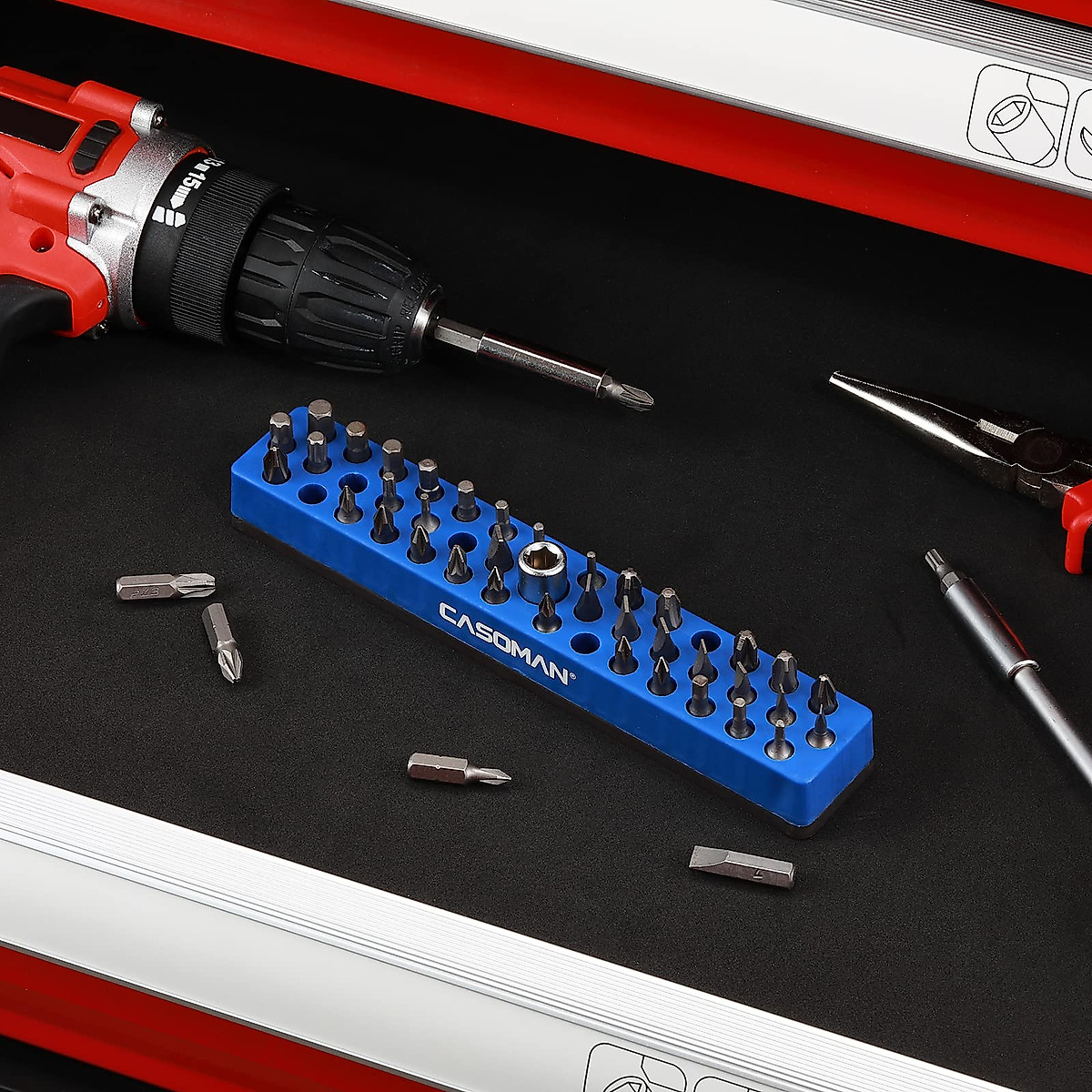 CASOMAN 2PCS 1/4" Hex Bit Organizer with Magnetic Base - Red & Blue, 86 Hole Bit Organizer with Strong Magnetic Base, Magnetic Bit Organizer for Your Specialty