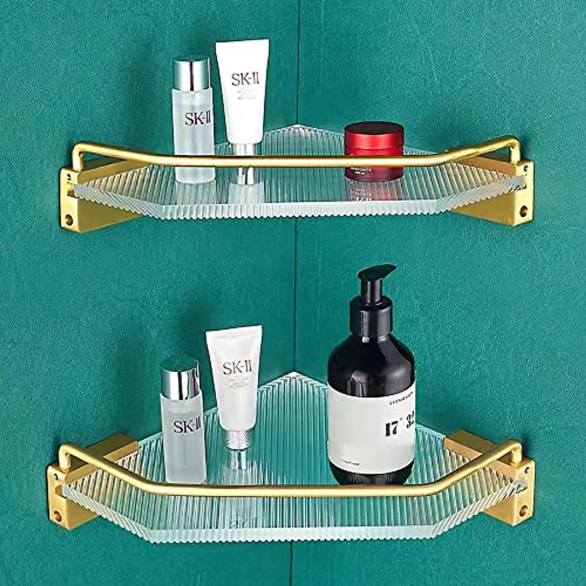HSXJJ Acrylic Corner Shelf,Acrylic Shelves for Bathroom Shower Corner Shelf with Rail Drill Adhesive Dual Purpose Wall Mount Bathroom Rack…