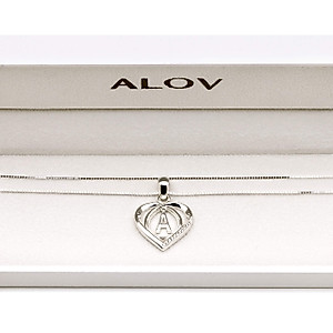 ALOV Jewelry Sterling Silver Initial Letter Alphabet Love Heart Cubic Zirconia Pendant Necklace (A)