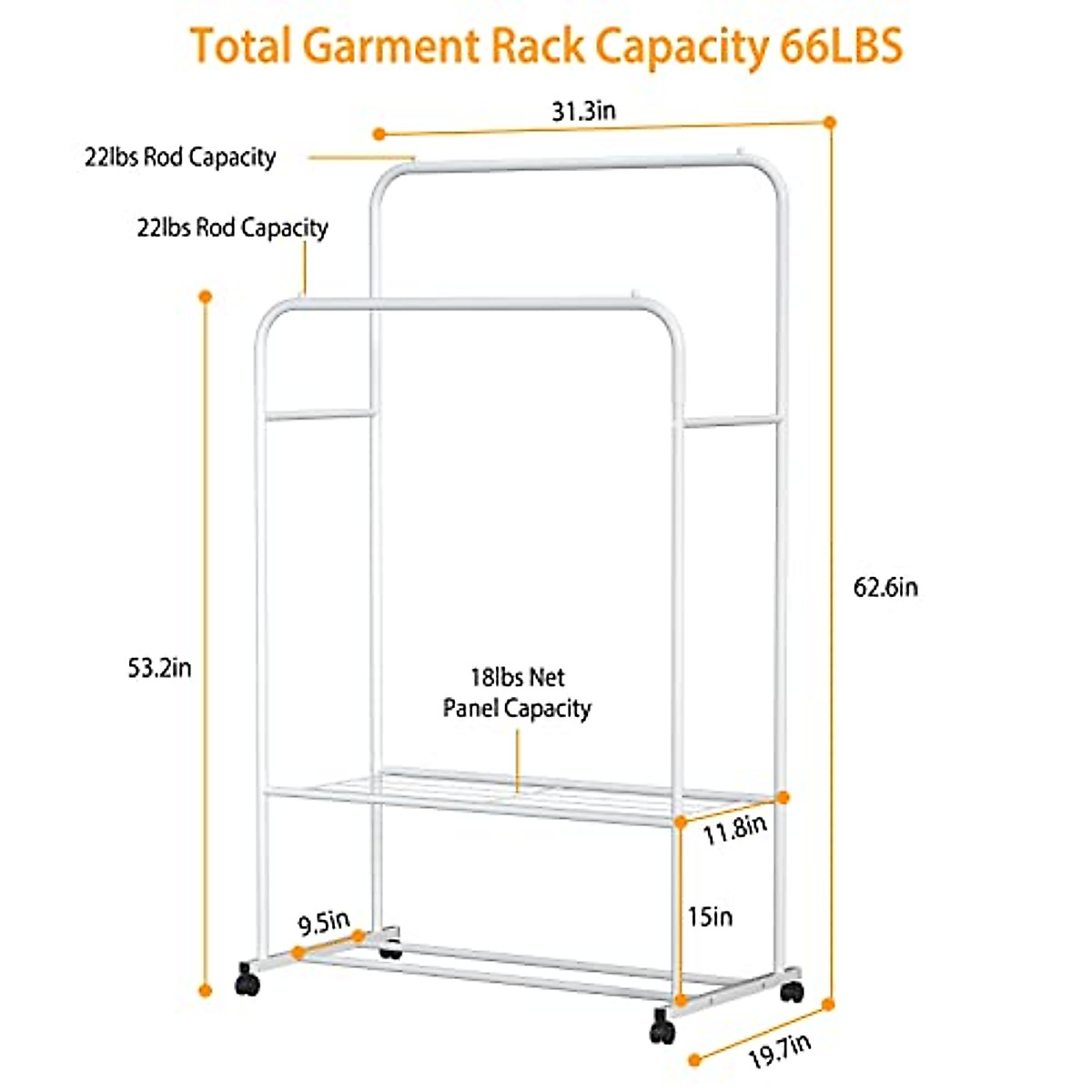 Moclever Clothing Rack with Wheels, Double Rod Garment Rack Rolling Rack for Indoor Bedroom Clothes Rack, Hanging Clothes, Storage Display, White