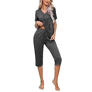 difficort Women's Pajama Sets Soft Pjs Short Sleeve Lounge sets Capri Sleepwear with Pockets,2-Dark Grey,Medium