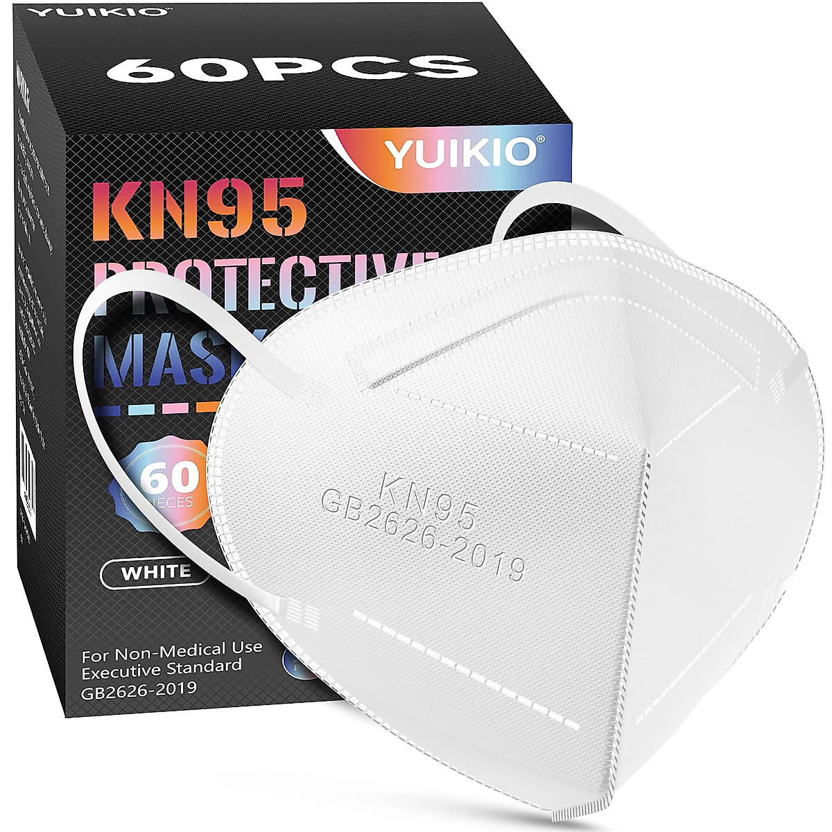 YUIKIO KN95 Face Masks, 60 Pack KN95 Masks for Adults, 5 Layers Masks Disposable KN95 Safety Mask Against PM2.5 Breathable KN95 Mask, Filter Efficiency≥95% (White)