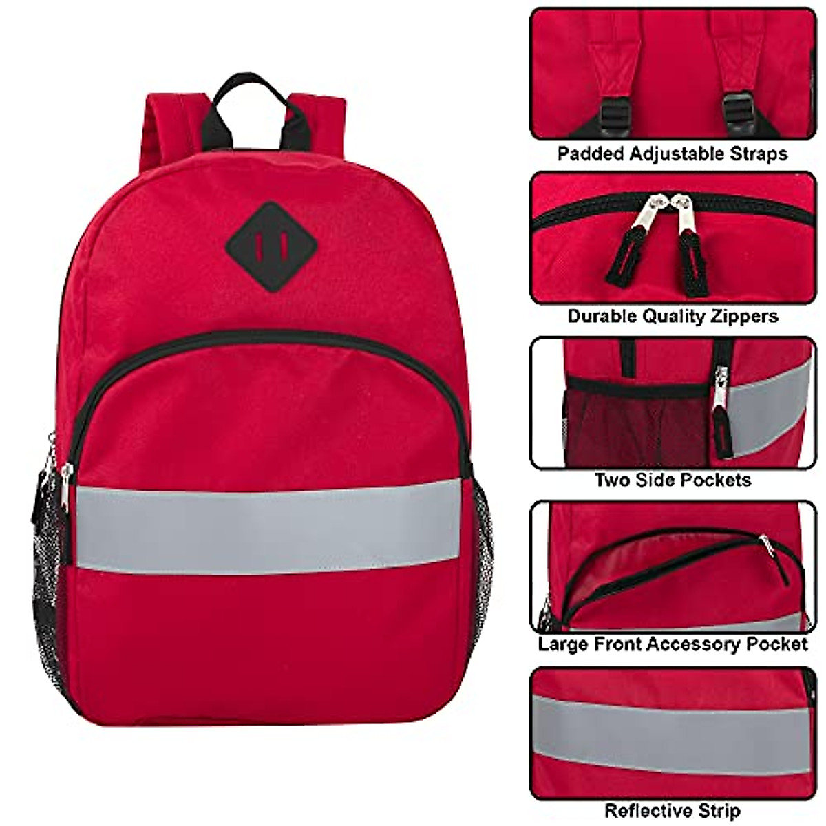 Trail maker Bulk Kids Reflective Backpack Wholesale 24 Pack Backpacks for School with Side Pockets, Padded