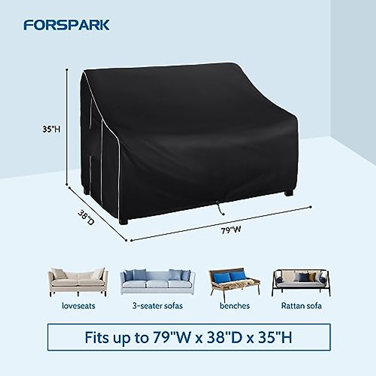 FORSPARK Patio Furniture Covers Waterproof, Outdoor Sofa Covers Heavy Duty, Fits up to 79 W x 38 D x 35 H inches, Black