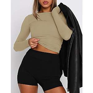 AKEWEI Women's Boat Neck Top Long Sleeve Tight Crop Tshirt Basic Slim Fit Tops Thermal Fitted Undershirt (Black&Khaki, S)