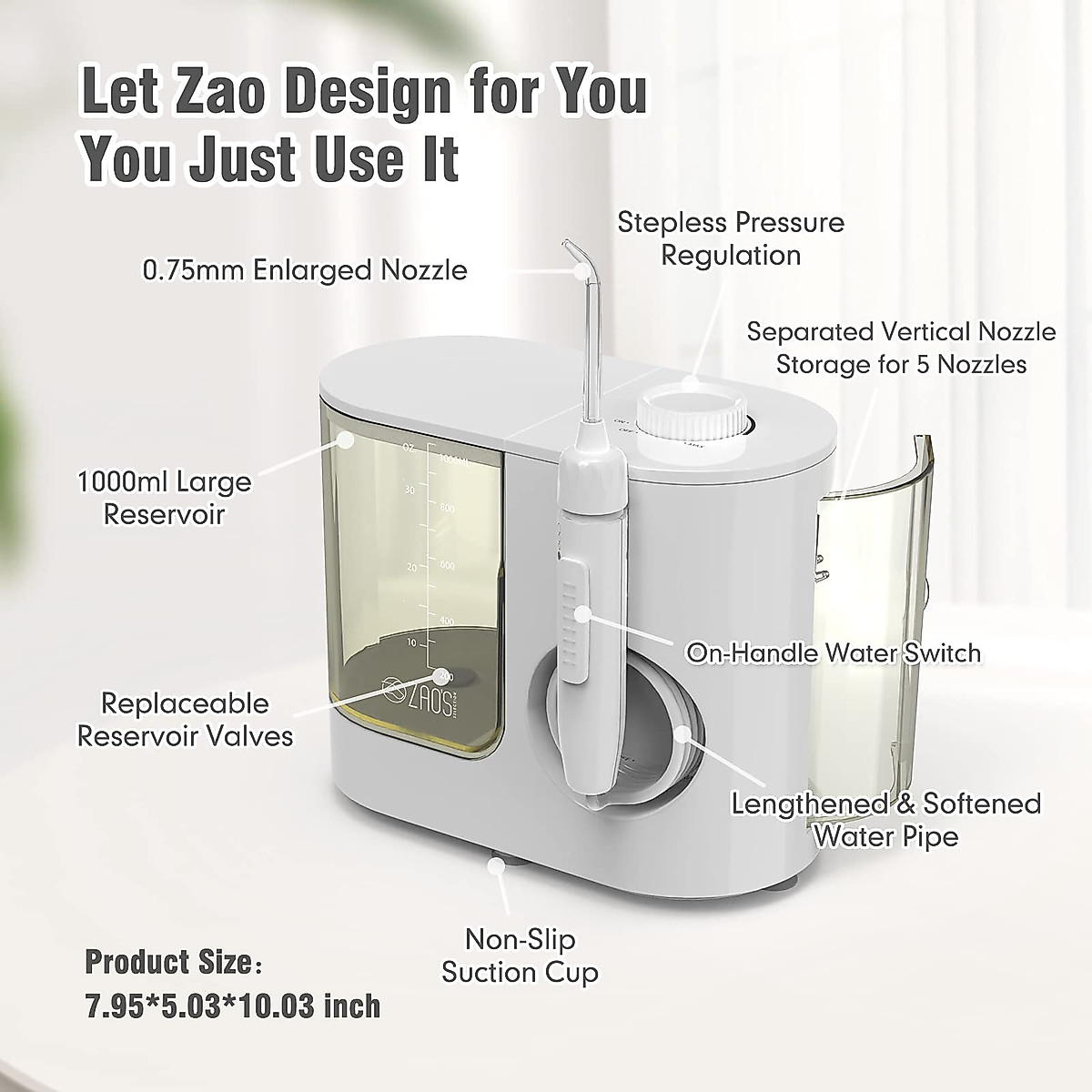 Zao's Selection New Countertop Water Flosser for Family Use, 30-130 PSI Stepless Pressure Regulation,1000ml, 8 Tips, Isolated Tip Storage, Oral Irrigator, Water Picks for Teeth Cleaning