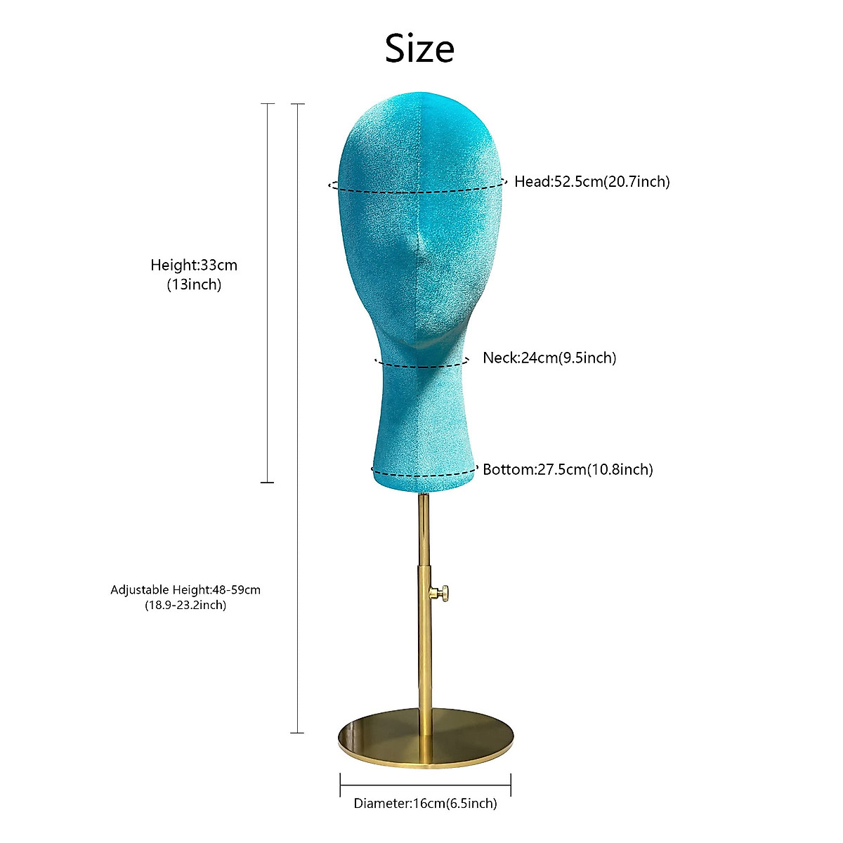 Female Display Velvet Head Dress Form with Adjustable Golden Round Base,Fully Pinnable Head Can Wear Earring! Head for Hat Wig Jewelry Display,Clothing Fabric Head Model, Sky Blue 33cm