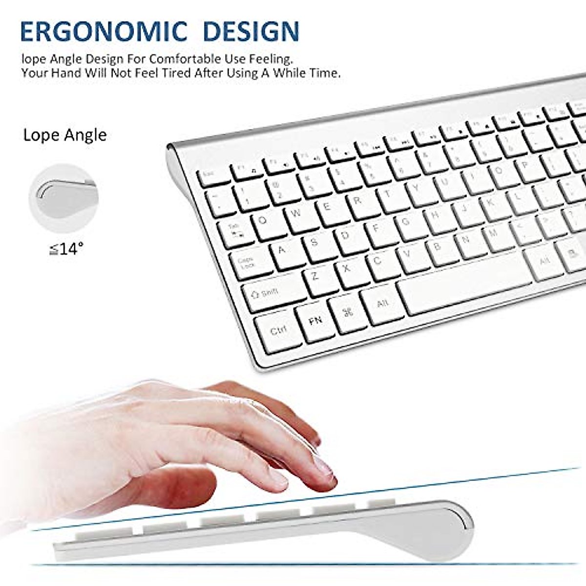 Wireless Keyboard and Mouse Combo - FEDARFOX Dual System Switching Ergonomics Slim Compact Full-Size Keyboard Silent Mouse for Laptop PC,Fully Compatible with mac,iMac,Windows (Silver White)