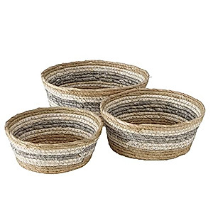Coastal Grey Stripes 3 Piece Basket Set, Shelf Organizers, Corn Husk Wicker, Chunky Rope Weave, Stitched, Diameter 9.75 Inches
