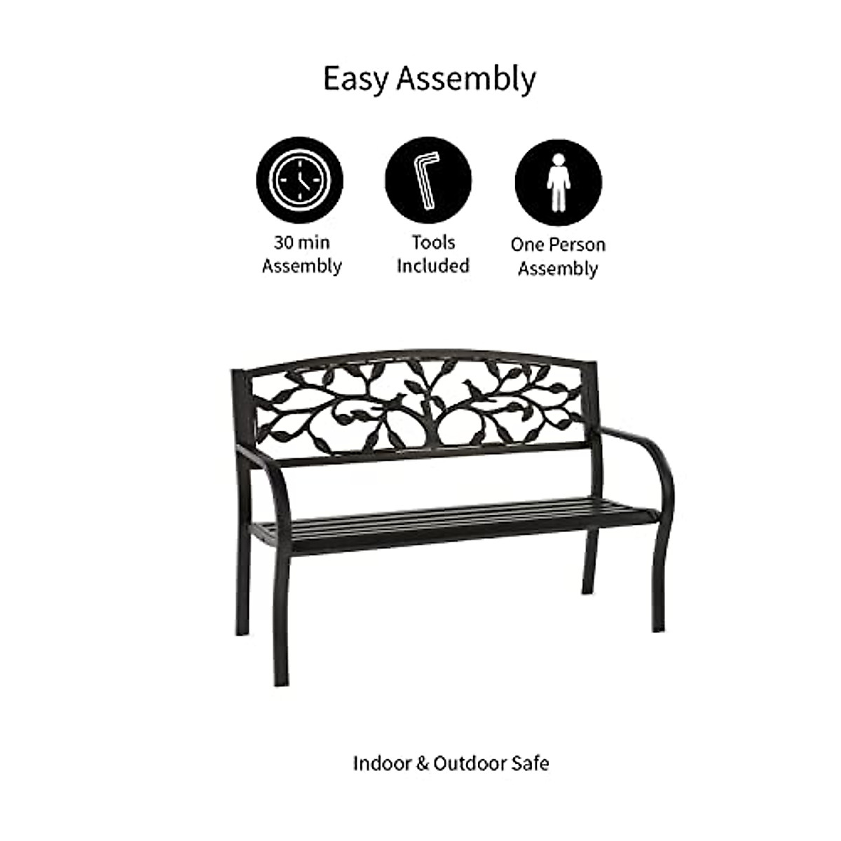 Plow & Hearth Weatherproof Tree of Life Outdoor Bench | Holds Up to 300 lbs | Garden Patio Porch Park Deck | Metal | Black