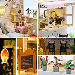 SYW DIY LED Lights Miniature Dollhouse Kit Cat Coffee Doll House Model Wooden Furniture for Christmas 's Day Creative Gifts with Dust Cover and Music （Cat Coffee Shop ）