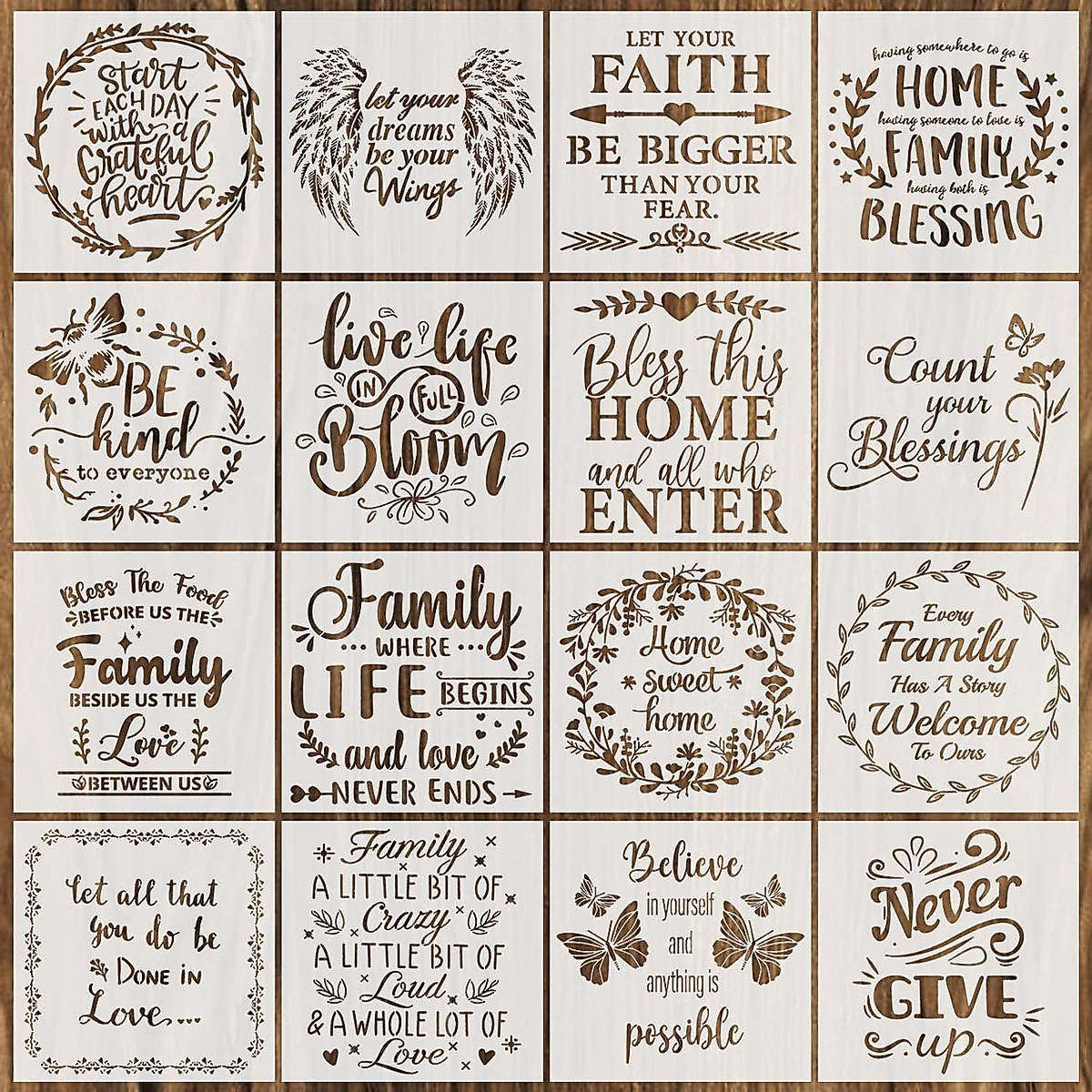 16 Pieces Inspirational Word Stencils Kit Motivational Stencil Reusable Phrase Word Template Family Sign Stencils for Painting on Wood, Porch, Front Door, Wall Home Decor(8x8Inch)
