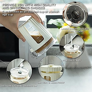 PUNLUXU Overnight Oat Jars With Scoop And Lid 16 OZ [2 Pack], Airtight Oatmeal Container With Measurement Mark, Mason Jar With Sealed Lid And Straw, Cereal Container For On-The-Go (Gray And Off-White)