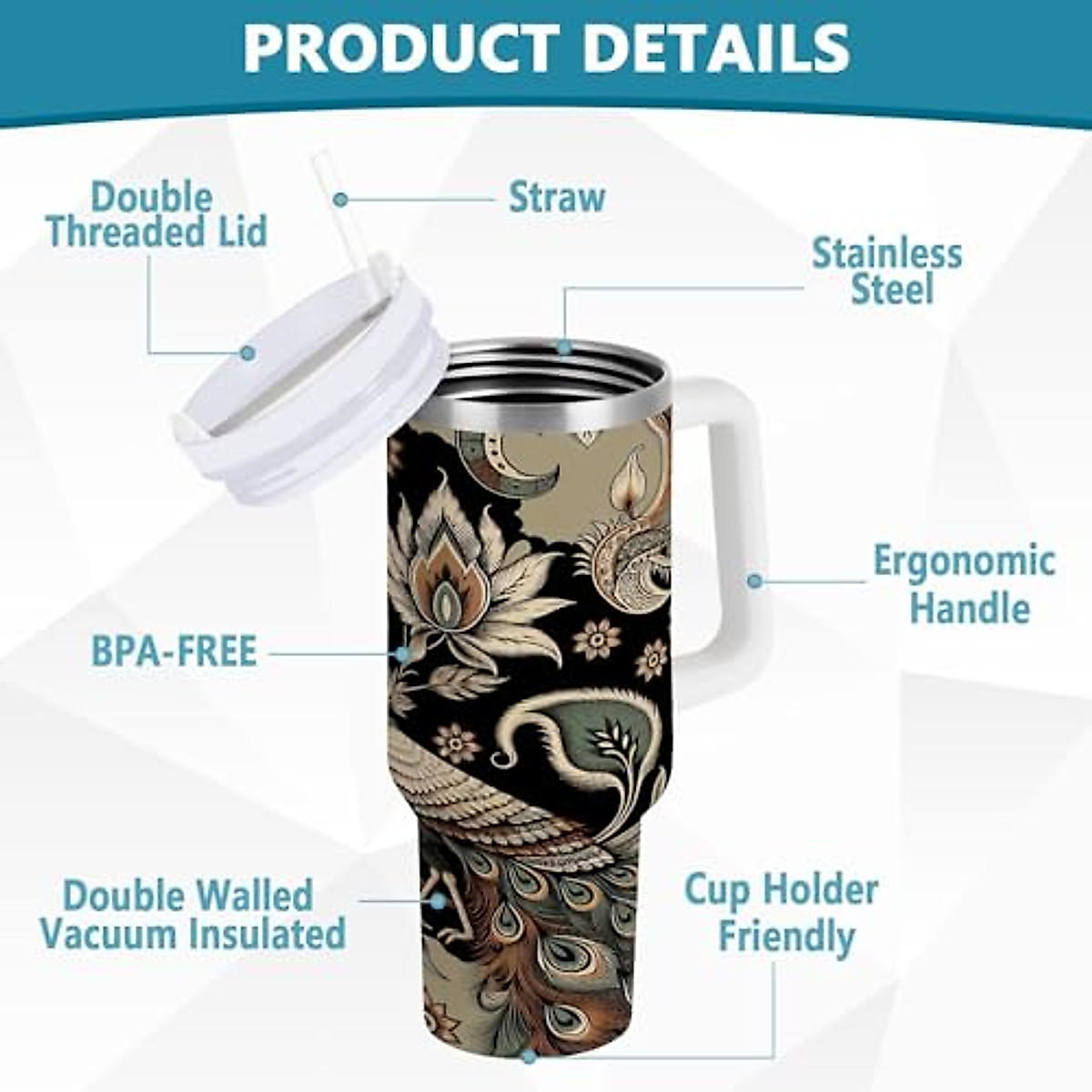 Maunzc 30 oz Tumbler with Handle and Straw, Insulated Stainless Steel Travel Mug with Lid for Coffee, Iced Tea, Water, Gift for Men Women (Peacock Paisley Textile)