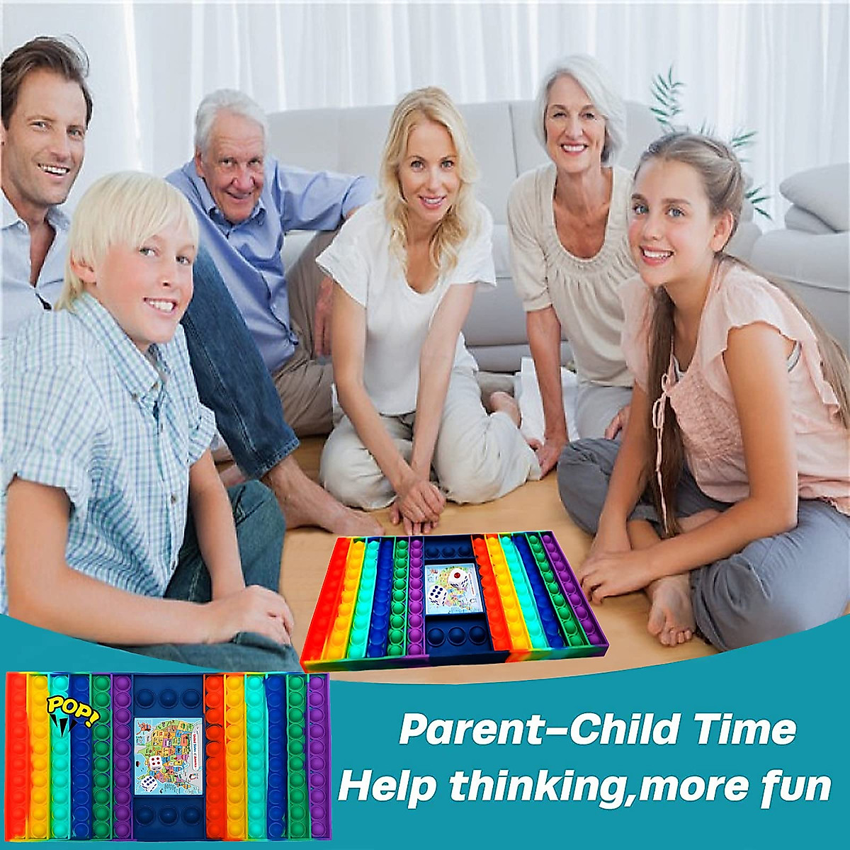 COOPEA Pop it Fidget Game with Dice, Silicone Rainbow Chess Game Board Giant Pops Push Bubble Fidget Sensory Toys for its Parent-Child Time,Jumbo Pop Game for Kids and Adults