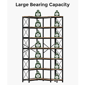 Condemo 7-Shelf Reversible Corner Bookshelf, Modern Industrial Tall Bookcase, 7-Tier Large L-Shaped Storage Shelf Display Rack with Metal Frame for Living Room, Home Office, Bedroom, Rustic Brown