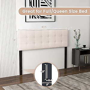 KOMFOTT Linen Upholstered Headboard for Full & Queen Size Bed Frame, Tufted Button Bed Headboard with Solid Rubber Wood Legs, Rectangular Headboard with Adjustable Width, Beige