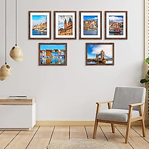 PWTAKO 11x14 Picture Frame Set of 6, Display Pictures 8x10 with Mat or 11x14 Without Mat for Wall Mounting,Rustic Brown