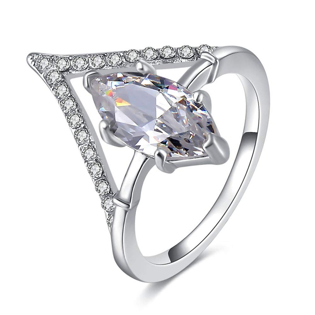 925 Silver Perfect Marquise Cut CZ Zircon 2.0 ct AAA Cubic Zirconia Promise Halo Shiny Half Full Diamond Gemstone V shape Triangle Ring Solitaire Ring Engagement Wedding Rings for Women (8)
