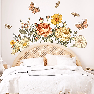 Vintage Floral Wall Decals Retro Flower Wall Stickers Large Flower Wall Stickers Peel and Stick Peony Vintage Flower Wall Decals for Girls Bedroom Nursery Decor
