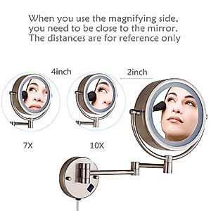Cavoli Bathroom Extension Mirror 9 Inches with LED Lighted 7X Magnification Beauty, 3 Colors Lights Modes,13" Extension Arm Magnifying Vanity Mirror Electric Plug Powered, Brushed Nickel