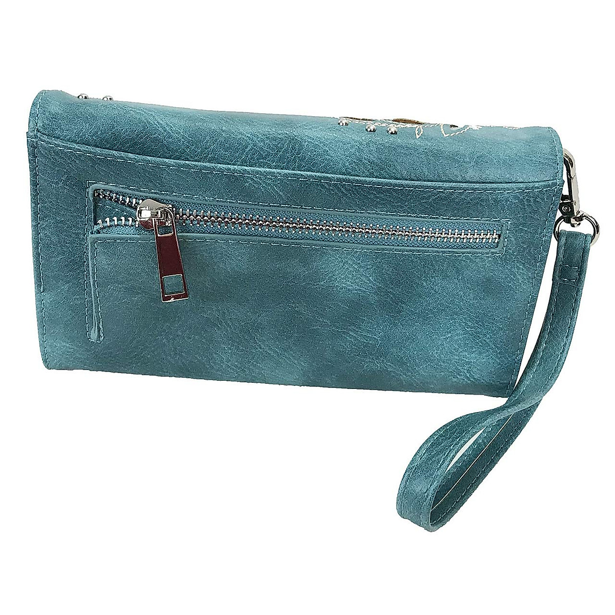 Zzfab Rhinestone Cross Embroidered Floral Western Cross Wallet Turquoise