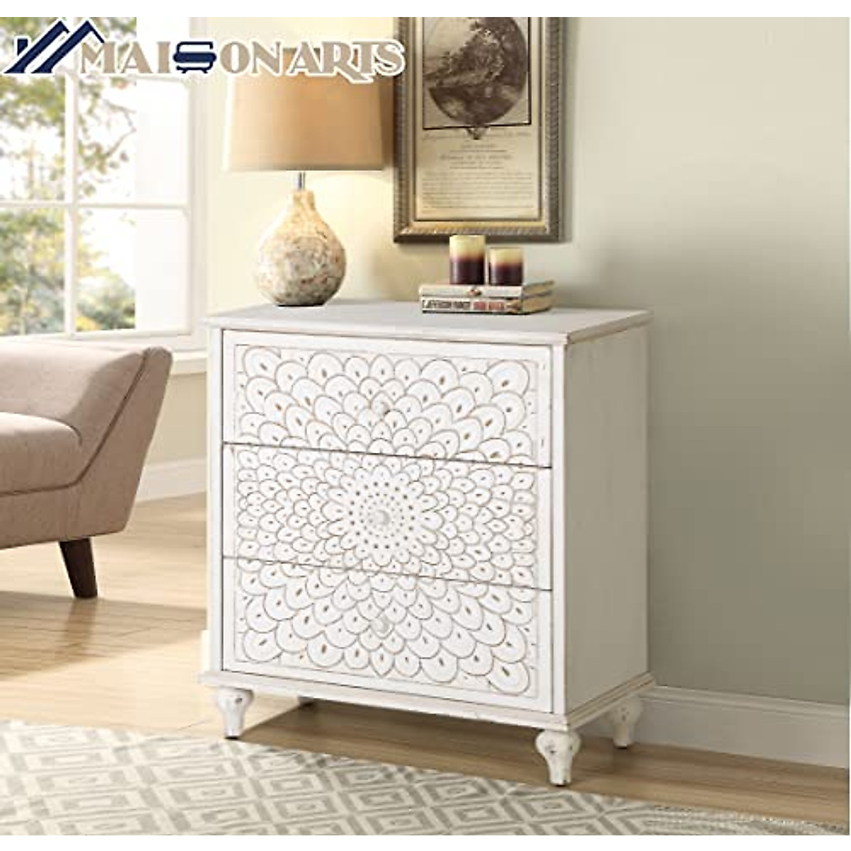 MAISON ARTS Dresser for Bedroom with 3 Drawers, Retro White Chest of Drawers Solid Wood Frame Farmhouse Accent Storage Cabinet for Bedroom Living Room Hallway Entryway Closet