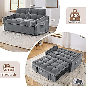 JEEOHEY 3 in 1 Convertible Sleeper Sofa Bed,52" Modern Velvet Pull Out Couch Bed with USB&Type-C Charging Ports,Futon Tufted Love Seat with Adjustable Backrest for Living Room,Office,Bedroom(Grey)