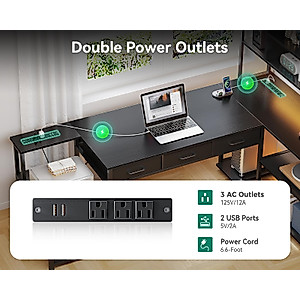 AODK 79 inch L Shaped Desk with File Drawers, Reversible L Shaped Gaming Desk with Power Outlets & LED Lights, Computer Desk with Storage Shelves for Home Office, Black