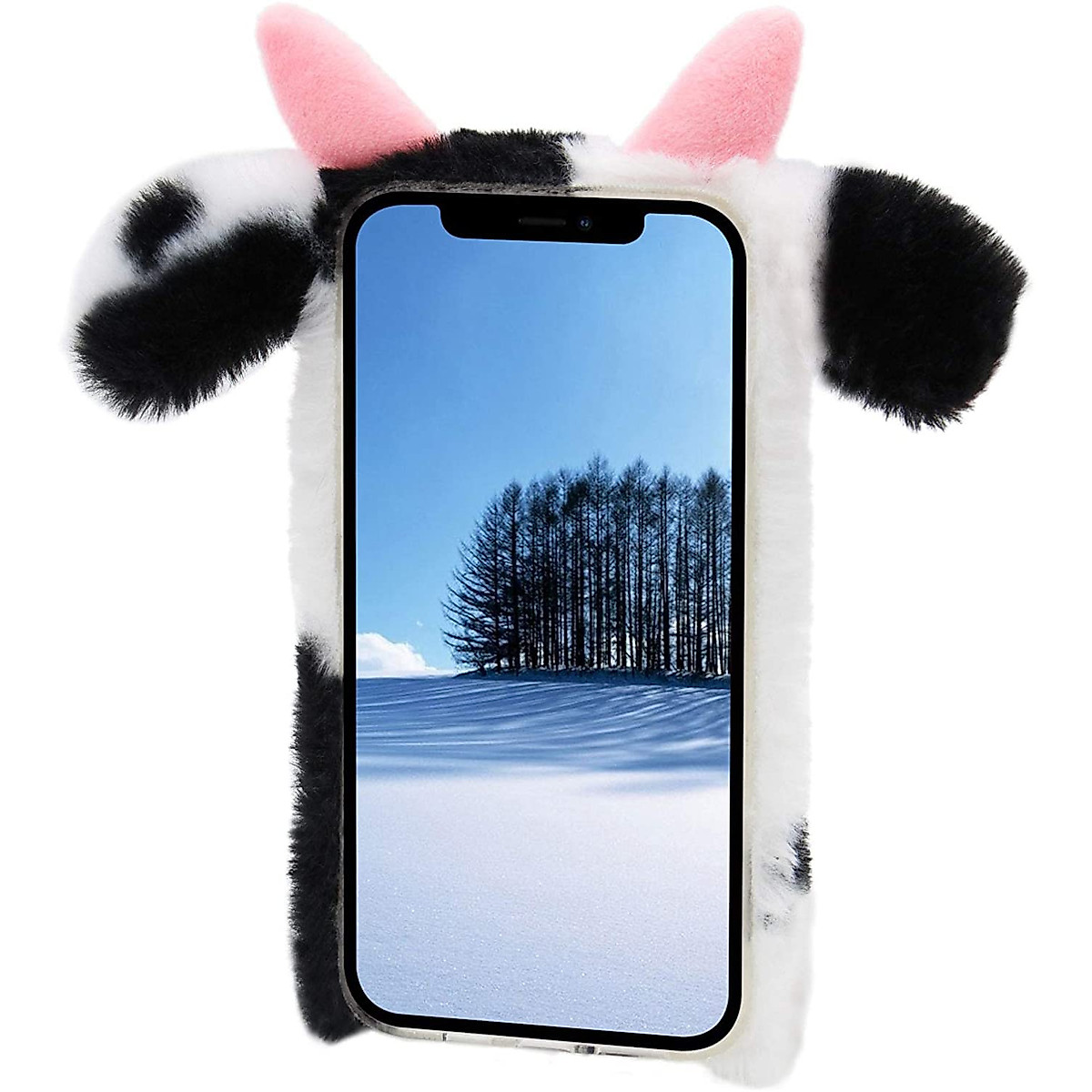 Girlyard Milk Cow Case for iPhone 8 Plus / 7 Plus, Cute 3D Cartoon Dairy Cattle Fluffy Hairy Silicone Cover Fuzzy Warm Faux Stuffed Plush Doll Soft Furry Protective Shell for Women Girls - Black