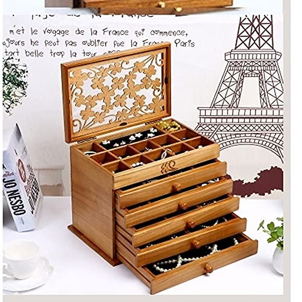 Aohuada Large Retro 6 Layers Wooden Jewellery Box Cabinet Display Organizer Wooden Jewelry Chest as Gift for Mom and Girlfriend