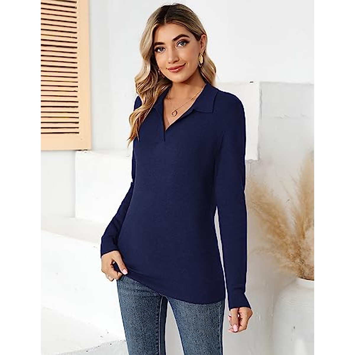 Romanstii Women's Knitted Polo Sweaters Long Sleeve V Neck Collared Shirts Winter Pullover Tops,Navy Blue,L