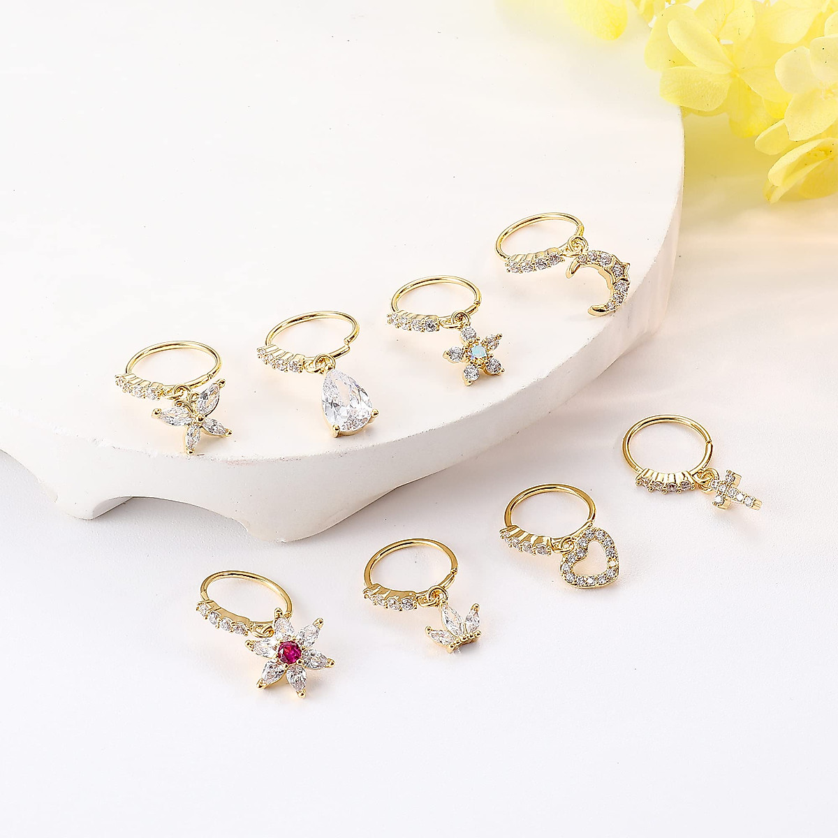 JOERICA 8 Pcs 20G Dangle Nose Rings Hoops for Women Butterfly Heart Moon Flower Cross CZ Dangle Nose Rings Cartilage Earring Dangling Nose Piercing Jewelry
