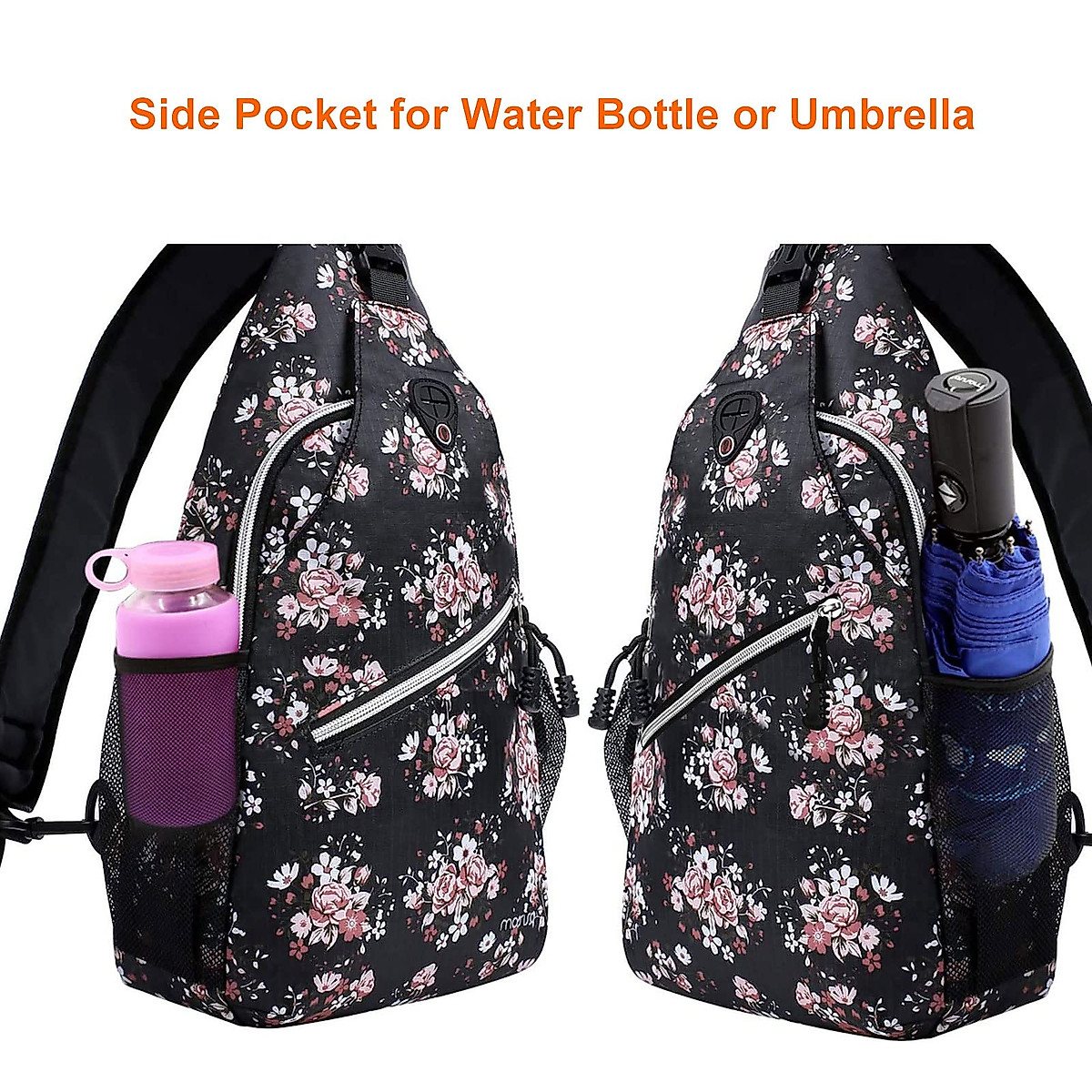 MOSISO Sling Backpack,Travel Hiking Daypack Pattern Rope Crossbody Shoulder Bag, Black Base Floral