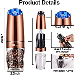 Gravity Electric Pepper and Salt Grinder Set, Adjustable Coarseness, Battery Powered with LED Light, One Hand Automatic Operation, Stainless Steel Copper, 2 Pack